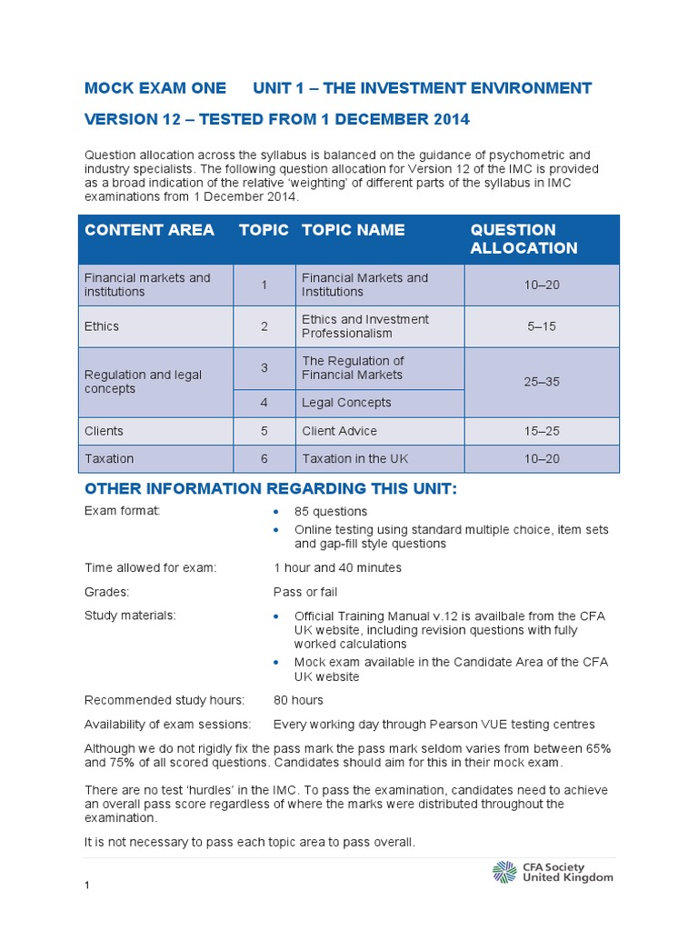 IMC Unit 1 Mock Exam 1 V12 | PDF | Investing | Capital Gains Tax