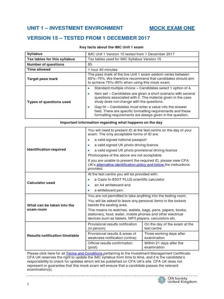 IMC Unit 1 Mock Exam 1 V15 | PDF | Capital Gains Tax | Investing