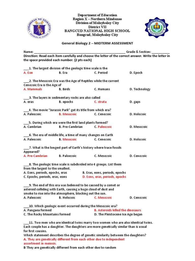 Gen Bio 2 - MIDTERM ASSESMENT-ANSKEY | PDF | Geologic Time Scale | Homo