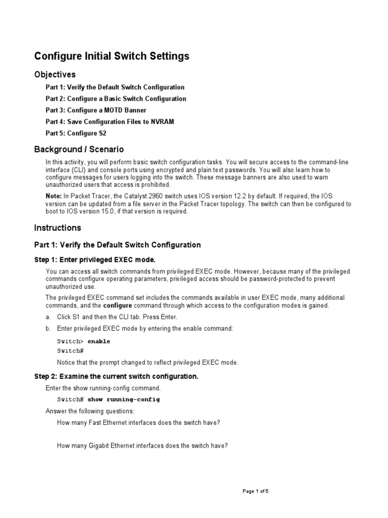 Chapter One Lab-3 - Configure Initial Switch Settings | PDF | Command Line Interface | Password