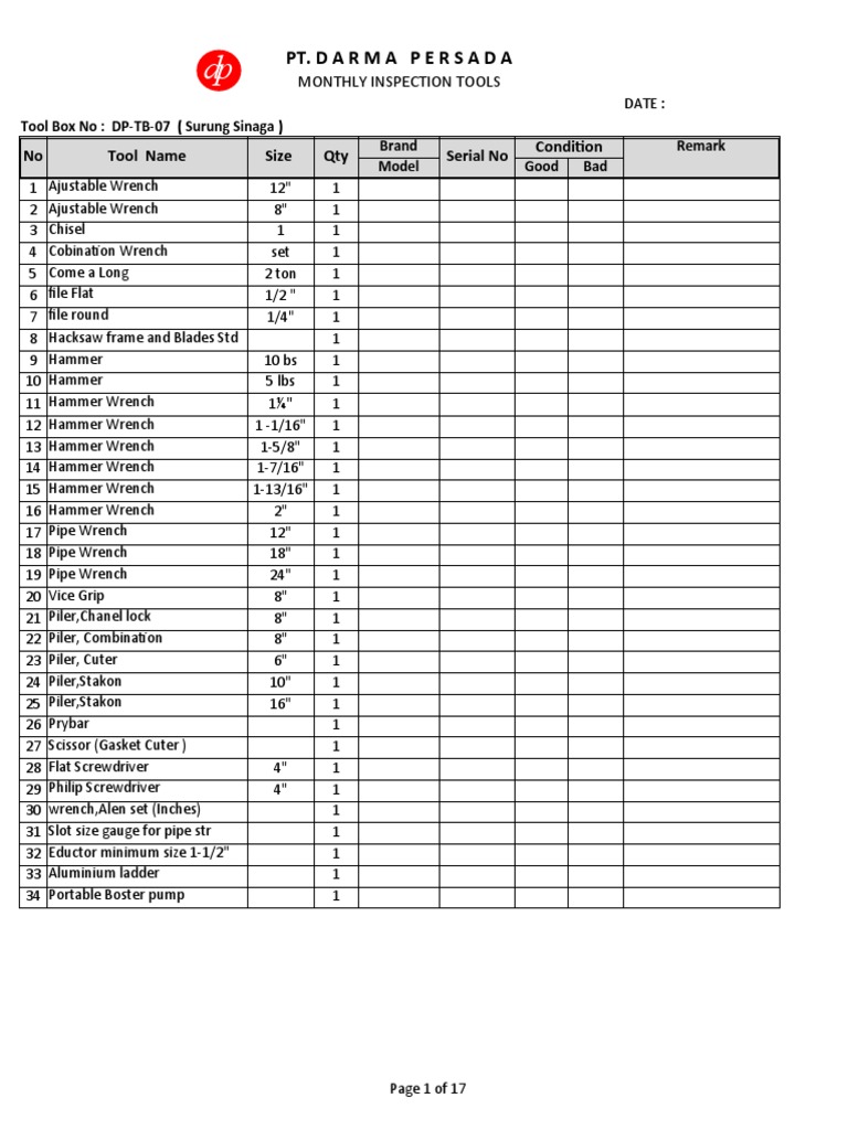 Form Tool Inventory | PDF | Pipe (Fluid Conveyance) | Screw