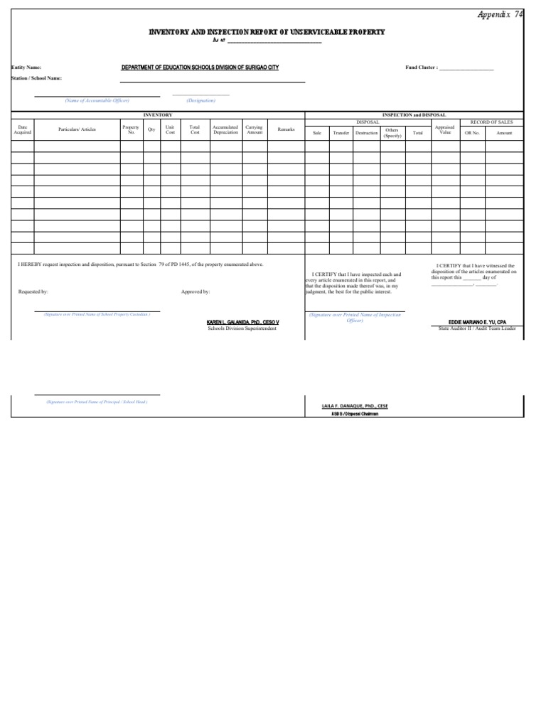 Inventory and Inspection Report of Unserviceable Property: As at ...