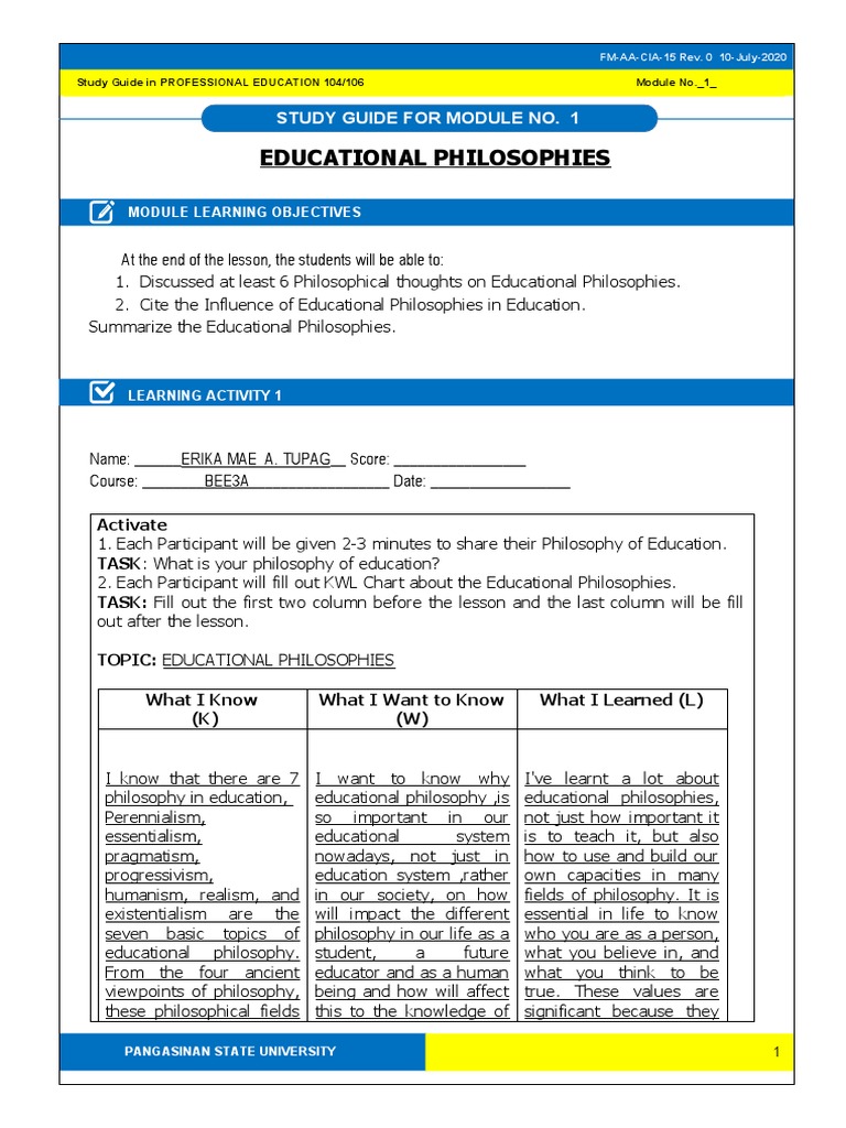 Educational Philosophies: Study Guide For Module No. 1 | PDF ...