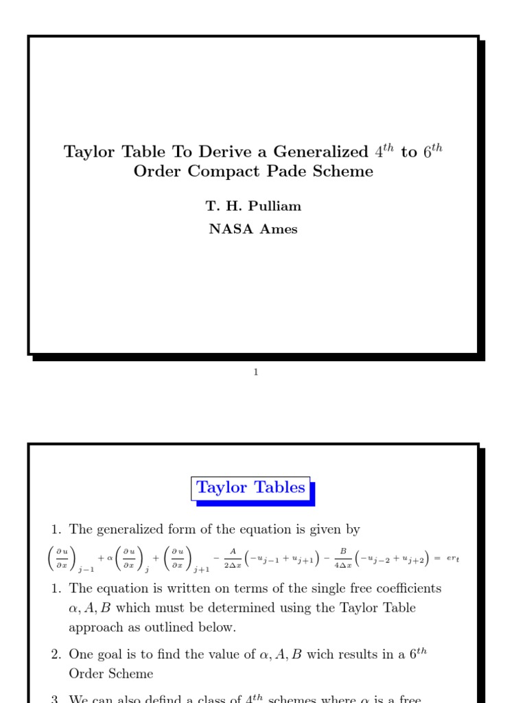 Taylor Table To Derive A Generalized 4 To6 Order Compact Pade Scheme ...