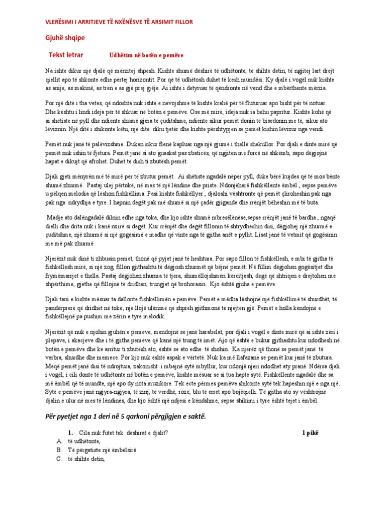 Vlerësim Arritjesh Klasa 5 Gjuhe, Matematike, Dituri Natyre Model 5 | PDF