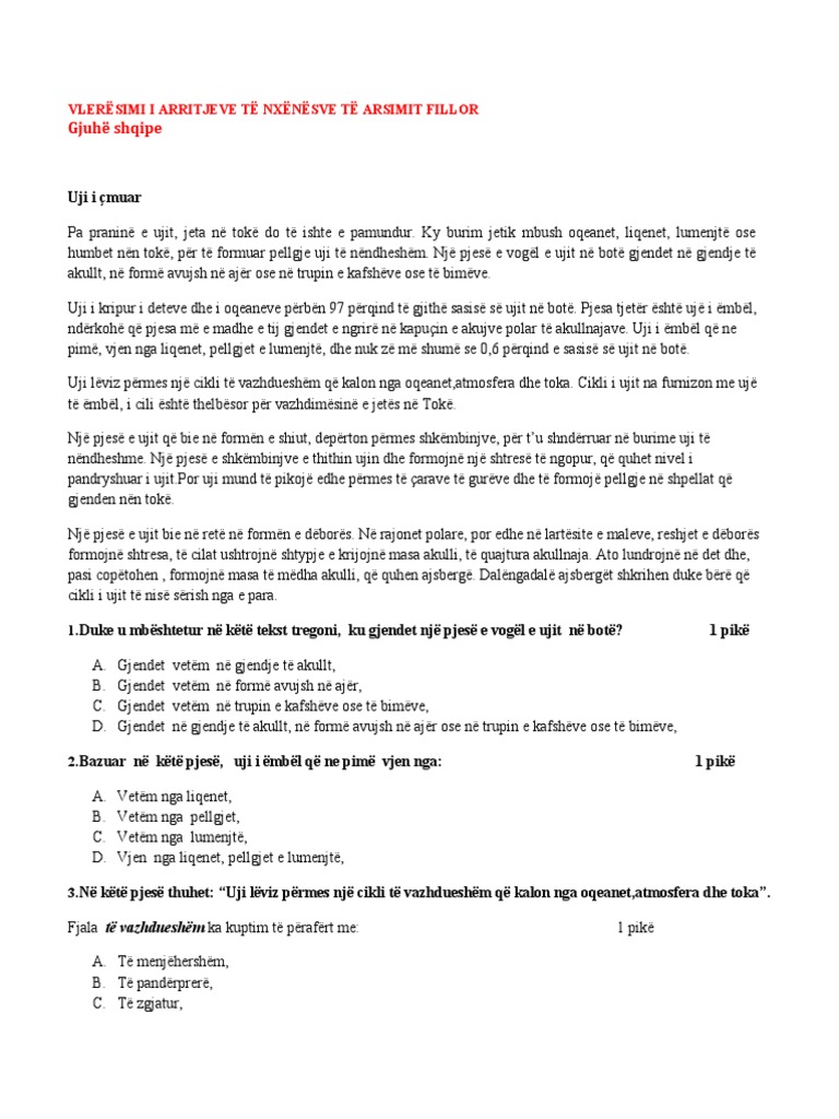 Vlerësim Arritjesh Klasa 5 Gjuhe, Matematike, Dituri Natyre Model 2 | PDF