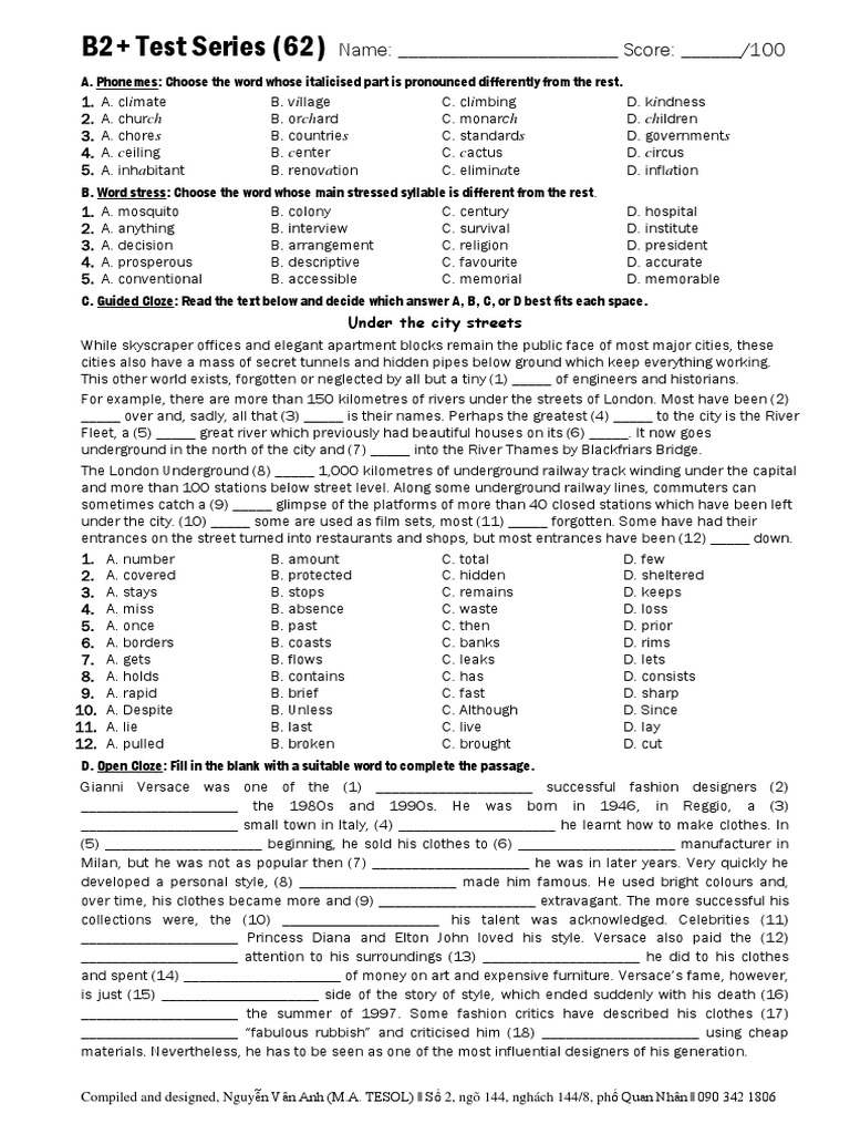 B2+ Test Series (62) : Name: - Score: - /100 | PDF