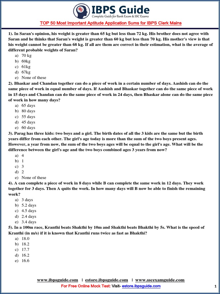 TOP 50 Most Important Aptitude Application Sums For IBPS Clerk Mains ...