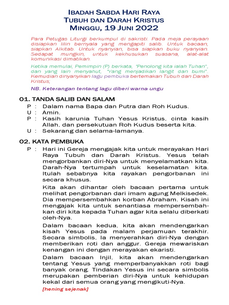 Ibadah Sabda Hari Raya Tubuh Dan Darah Kristus 2022 | PDF