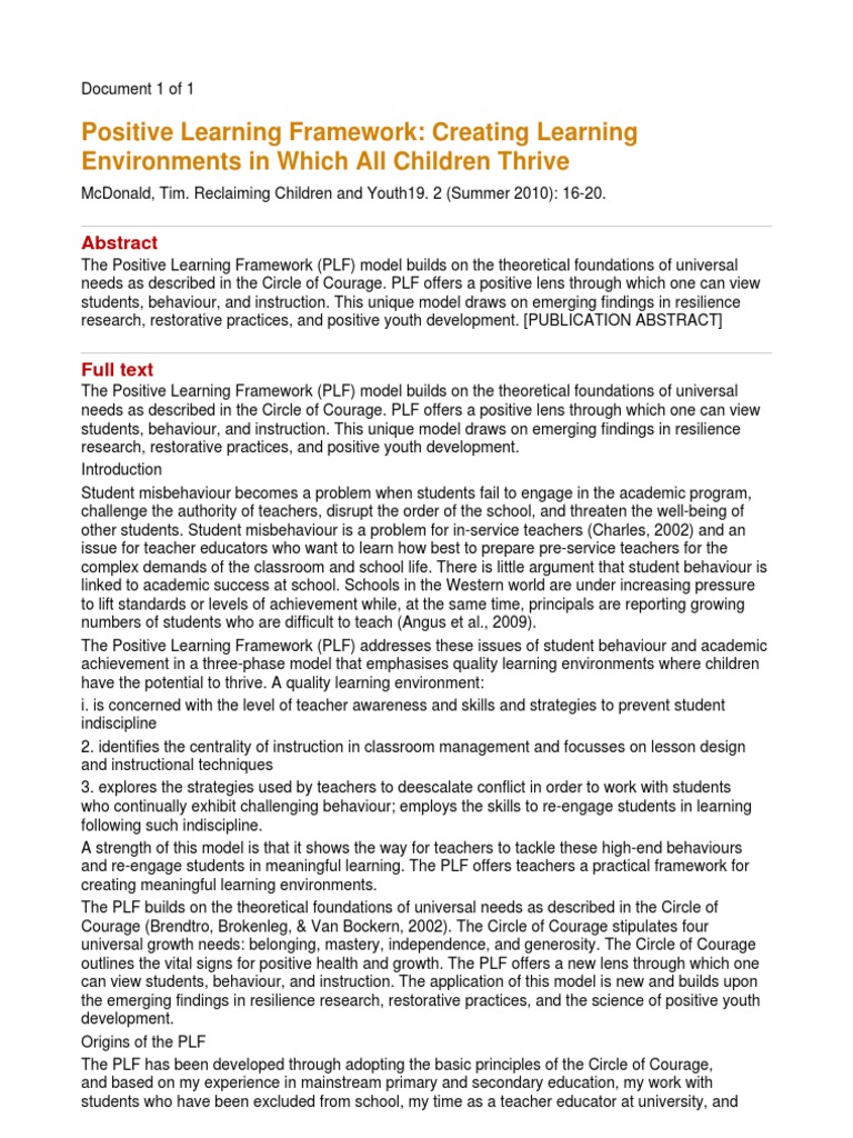 Positive Learning Framework Creating Learning Environments in Which All ...