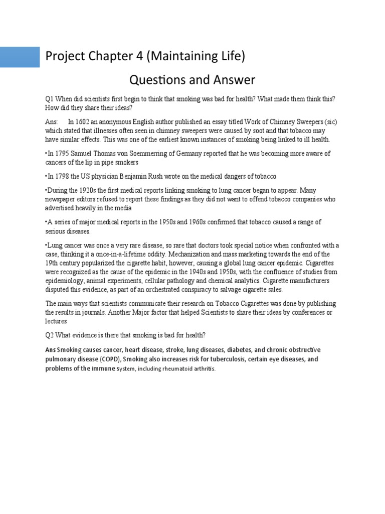 Project Chapter 4 (Maintaining Life) Questions and Answer: Ystem ...