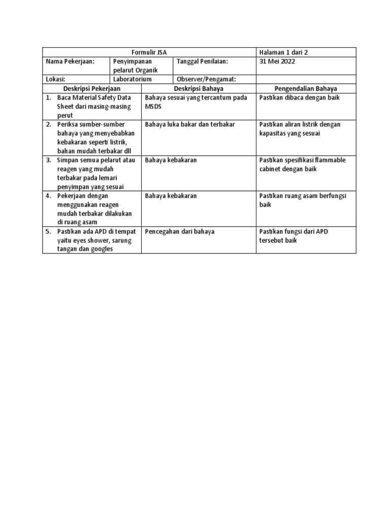 Contoh Formulir JSA di Laboratorium | PDF | Sains & Matematika ...