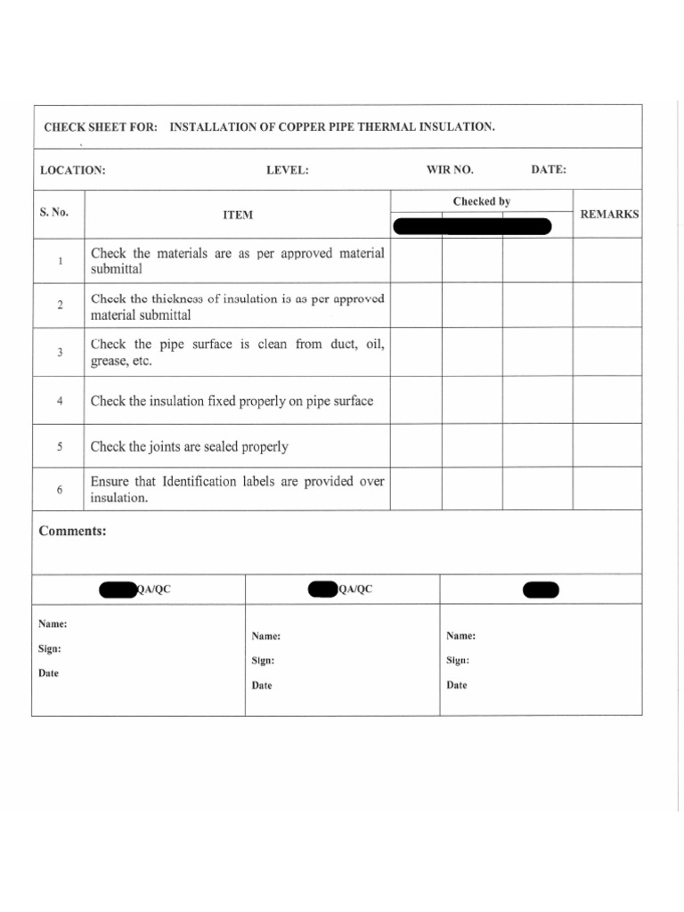 Checklist For Copper Pipe Thermal Insulation | PDF