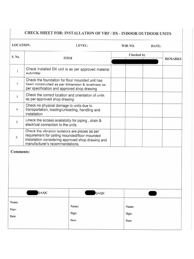Checklist For Installation of VRF DX Units | PDF