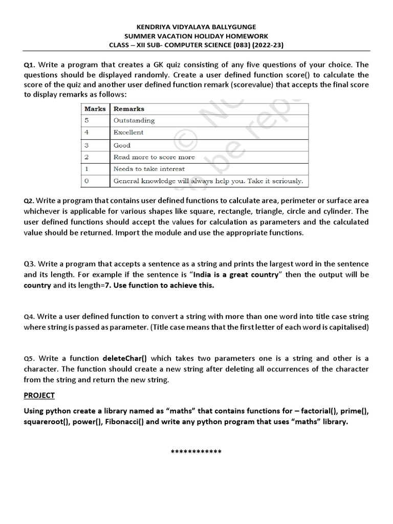 Kendriya Vidyalaya Ballygunge Summer Vacation Holiday Homework Class ...