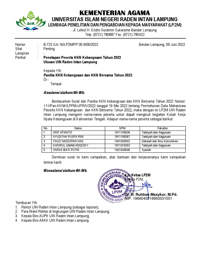 Surat Penetapan Peserta KKN Kebangsaan 2022-UIN Raden Intan Lampung | PDF