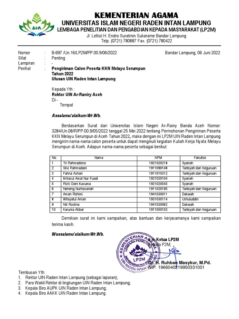 Surat Pengantar-UIN Raden Intan Lampung | PDF