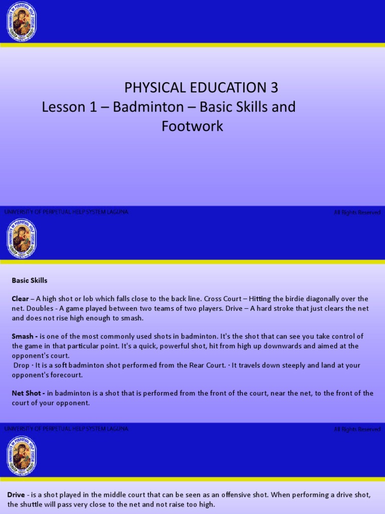 Physical Education 3 Lesson 1-BADMINTON - Basic Skills and Footwork ...