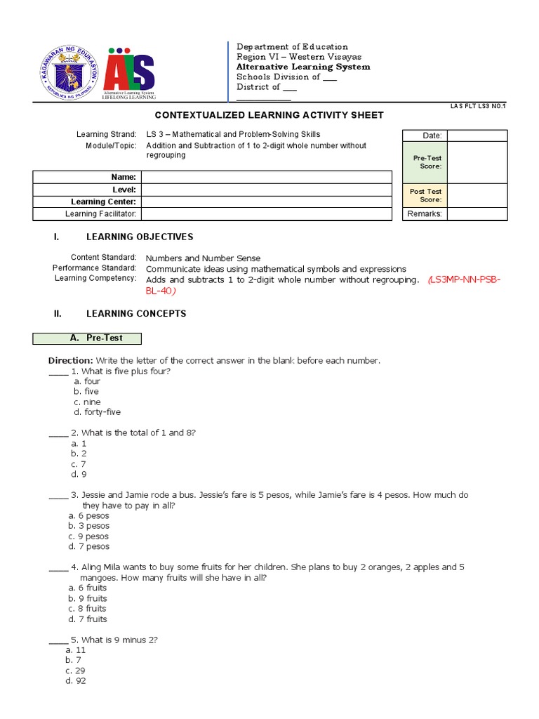 Contextualized Learning Activity Sheet | PDF | Subtraction | Cognition