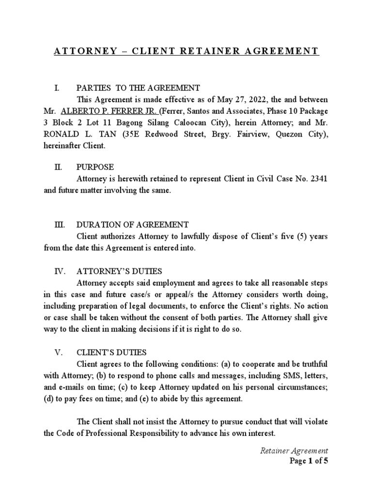 Attorney - Client Retainer Agreement | PDF | Fee | Lawyer