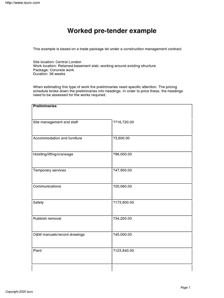 Worked Pre-Tender Example: Preliminaries | PDF | Building Engineering ...