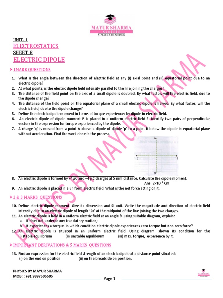 Revision Sheet-8 Electric Dipole | PDF | Electric Field | Dipole