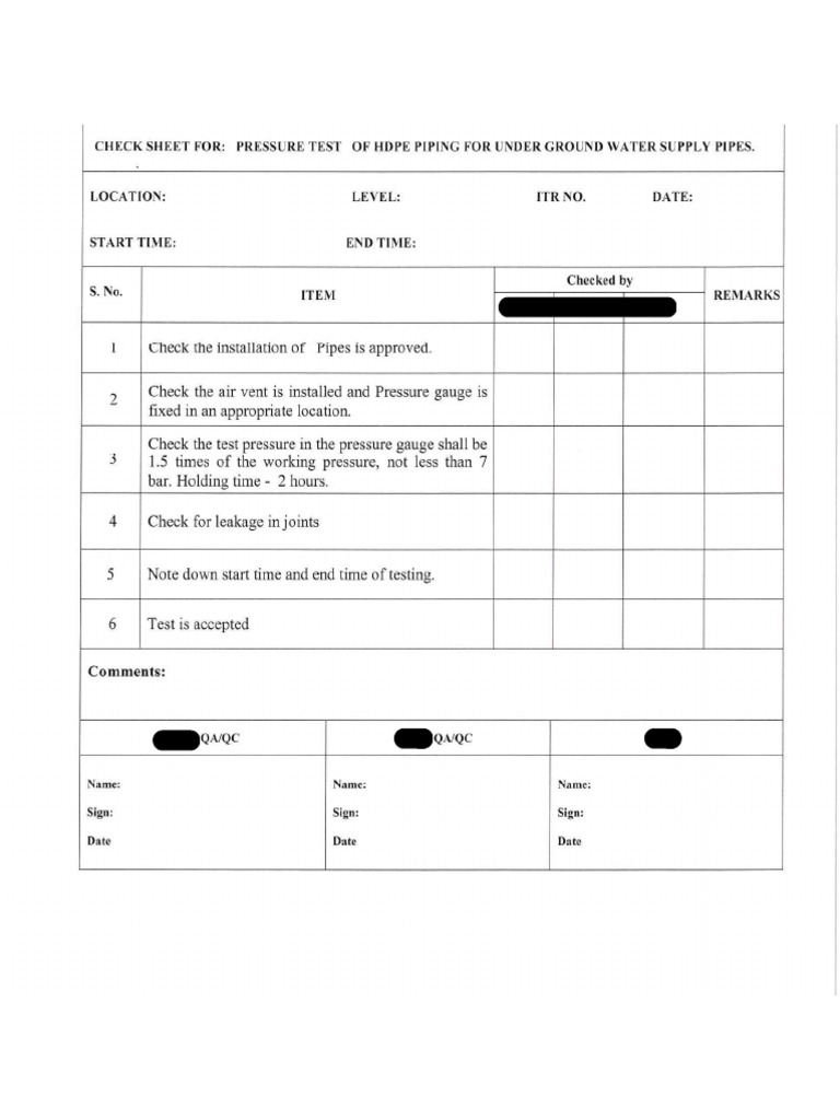 Check List For Pressure Test Below Ground Drainage Pipes | PDF