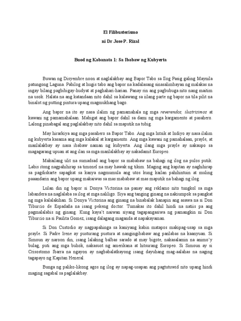Buod NG Kabanata 1 - Sa Ibabaw NG Kubyerta (El Filibusterismo) | PDF