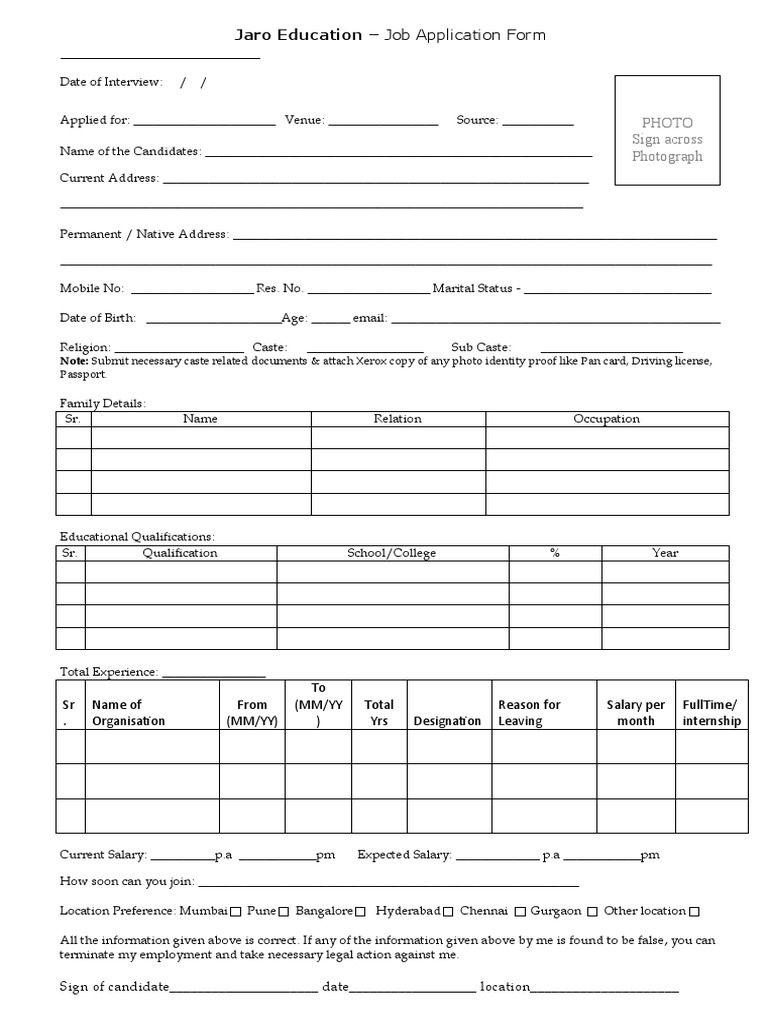 Jaro Education - Job Application Form: Photo Sign Across Photograph ...