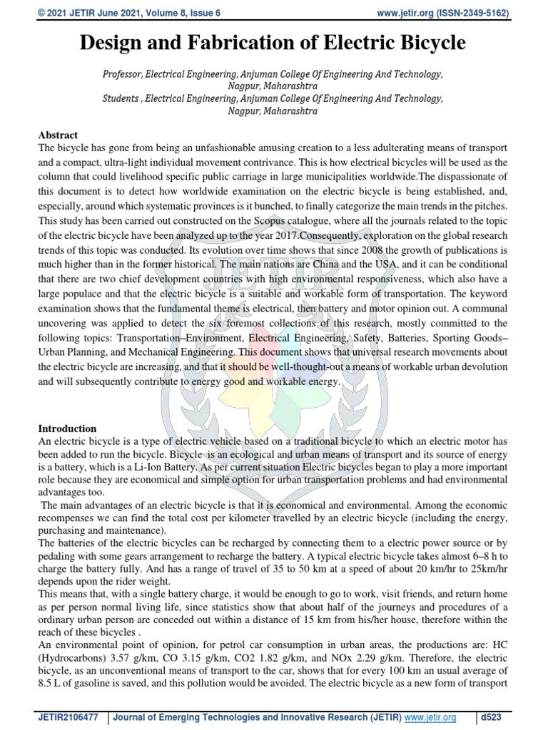 Design and Fabrication of Electric Bicycle | PDF | Electric Vehicle ...