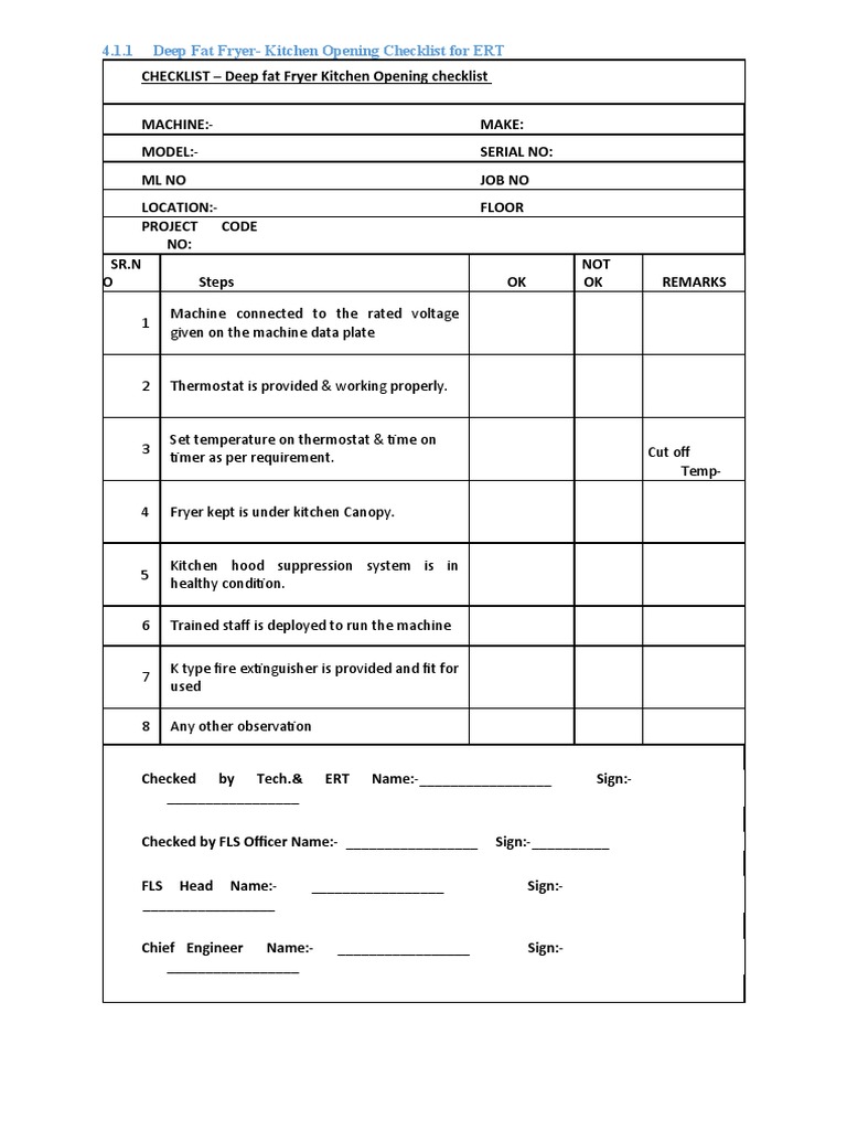 Fat Fryer Checklist | PDF