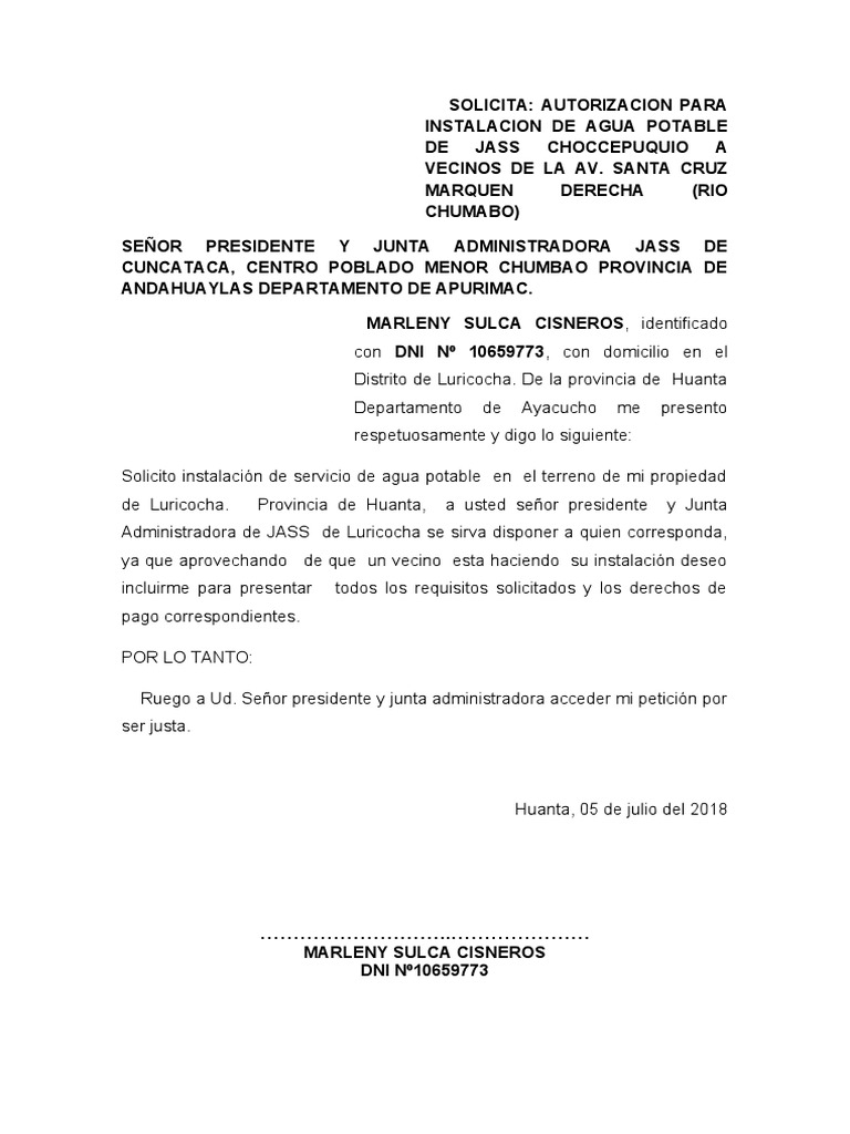 Solicitud Agua POTABLE JASS 2 | PDF