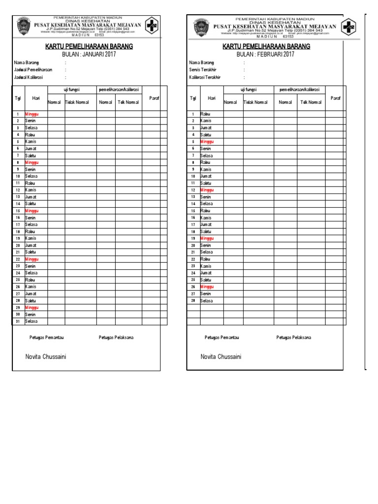Kartu Pemeliharaan Barang-CEKLIS Pemeliharaan Alat | PDF