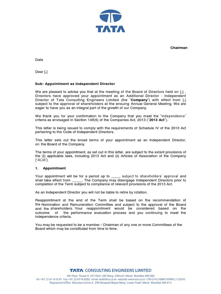 Draft Letter of Appointment - Sample | PDF | Evaluation | Board Of ...