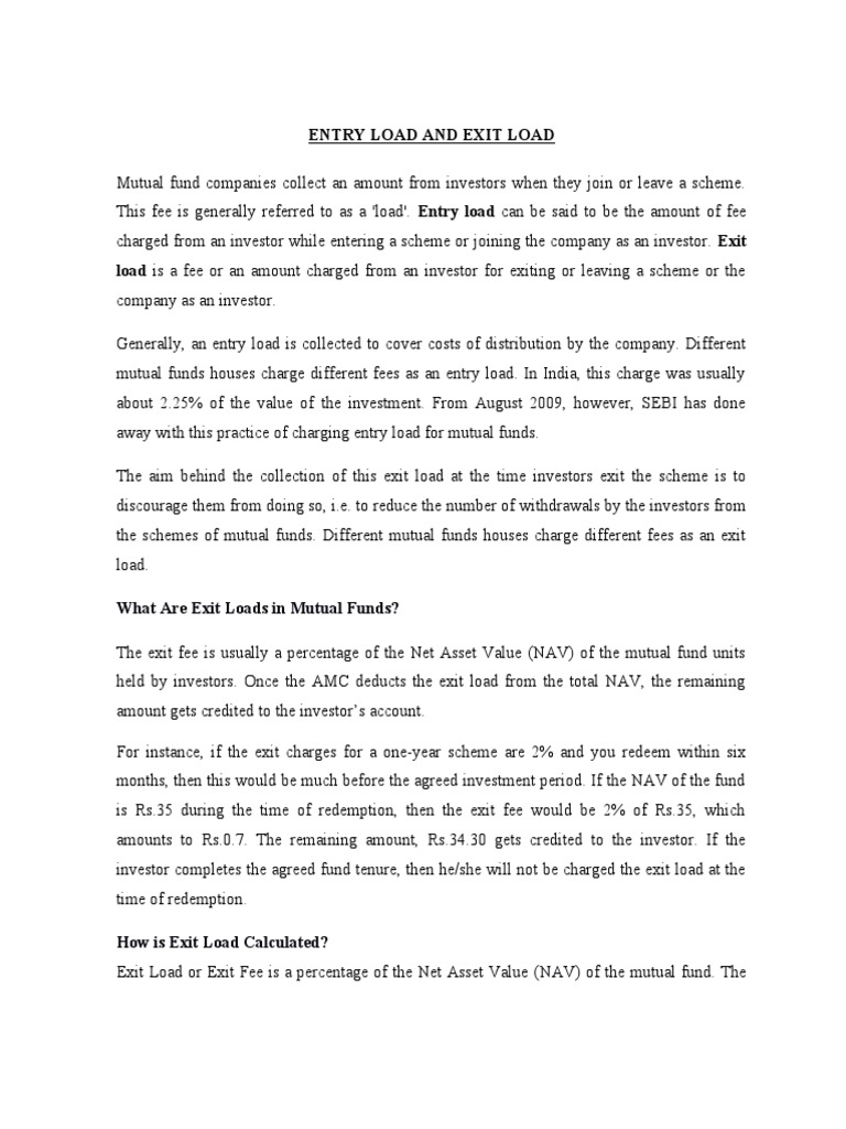 Entry Load and Exit Load: What Are Exit Loads in Mutual Funds? | PDF ...
