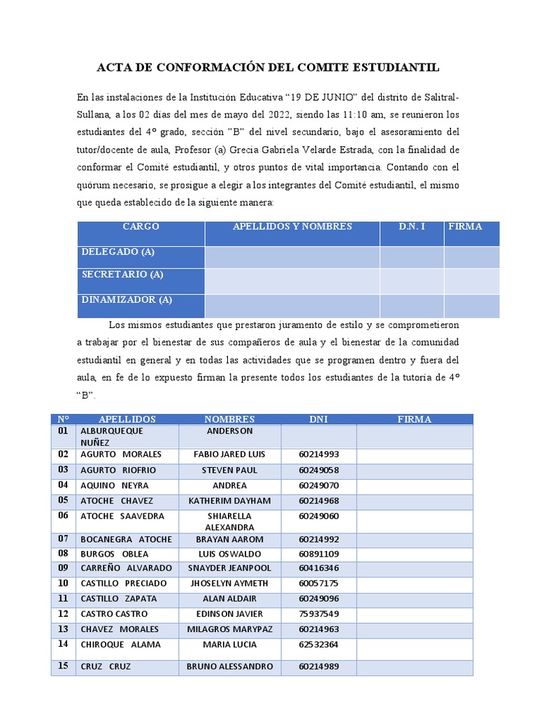 ACTA DE CONFORMACIÓN DEL COMITE ESTUDIANTIL | PDF