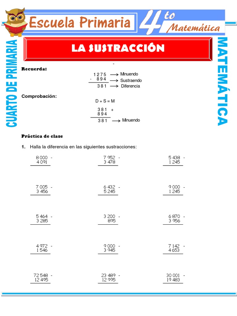 Hojas De Trabajo De Resta Para Alumnos De 4º Grado
