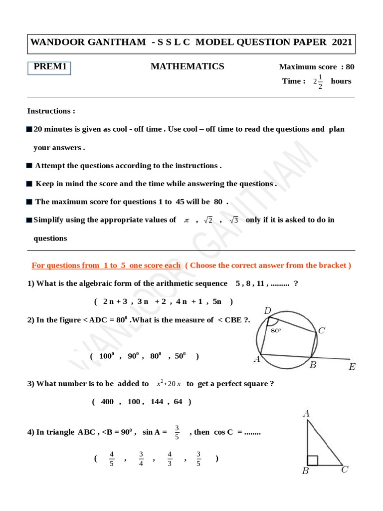 Wandoor Ganitham SSLC Maths Model 2021 | PDF | Area | Circle