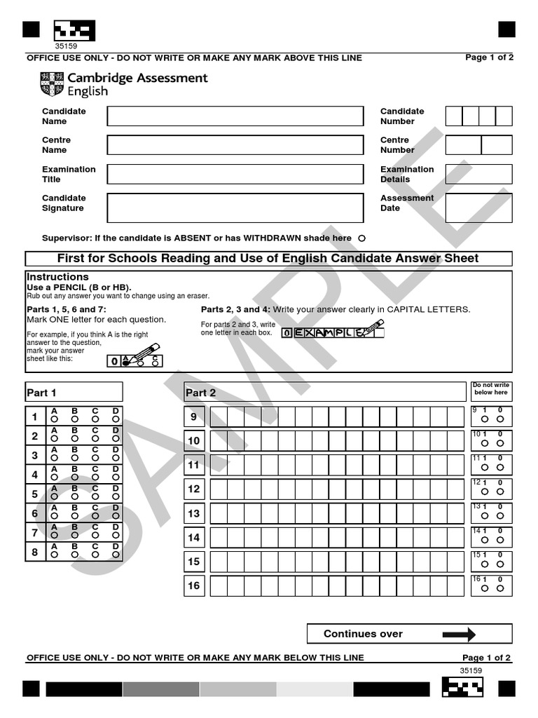 B2 First For Schools Reading and Use of English Sample Answer Sheet | PDF