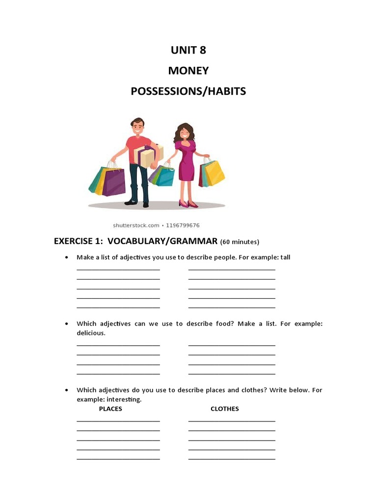 Unit 8 Money Possessions/Habits: Exercise 1: Vocabulary/Grammar | PDF ...