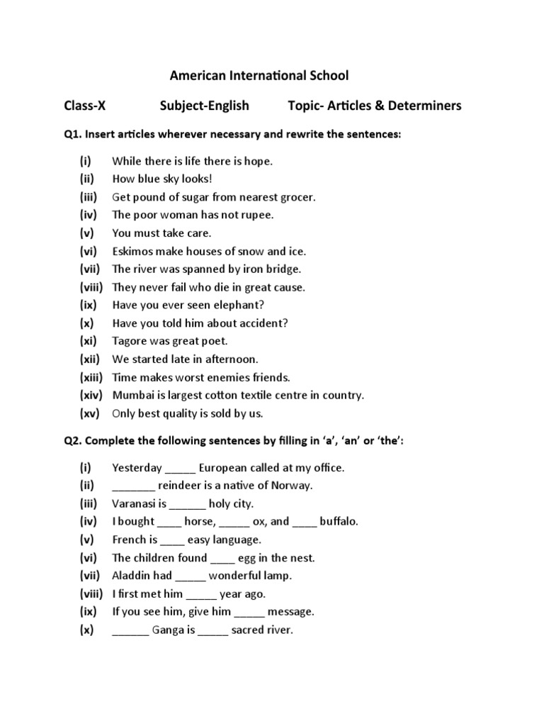 Articles and Determiners Worksheet | PDF | Language Arts & Discipline ...