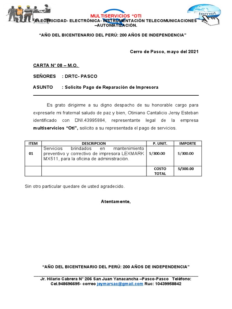 Carta de Solicitud de Pago Multiservicios Oti Mayo 2022 | PDF | Telecomunicaciones | Perú