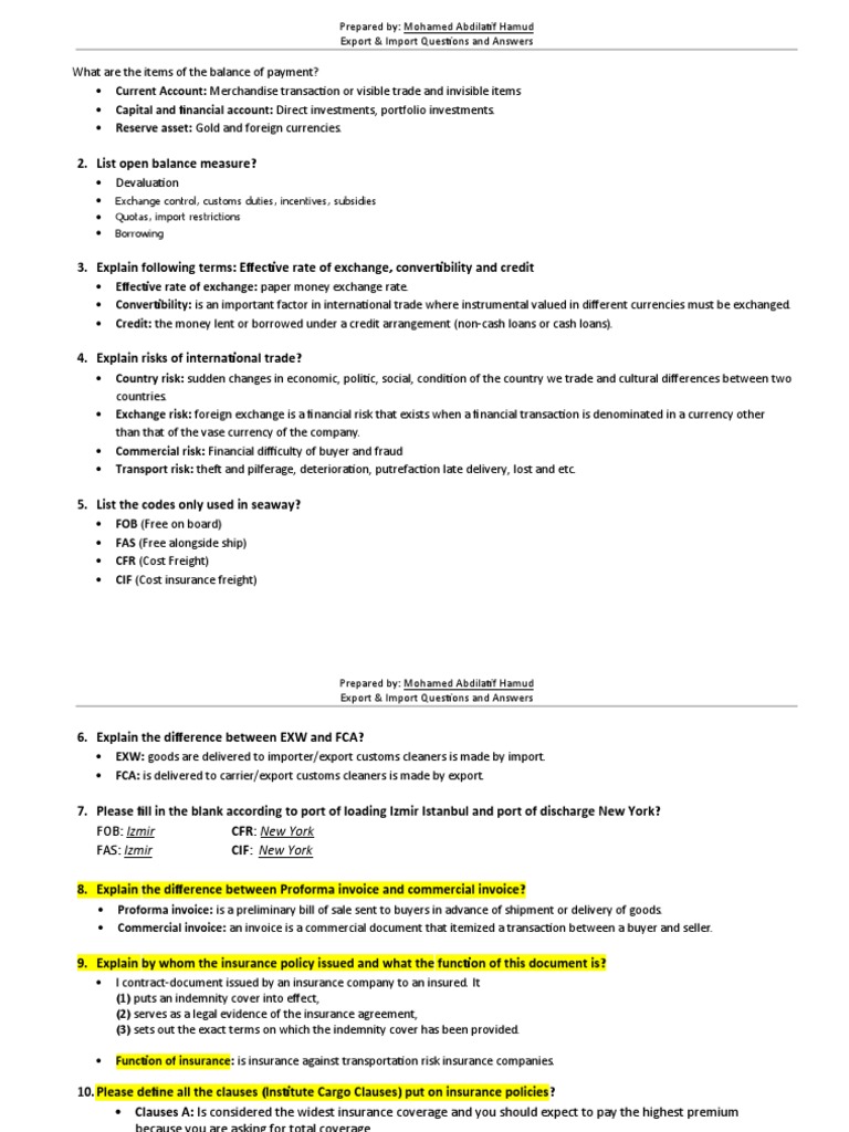 Export and Import Questions and Answers | PDF | Money | Banking