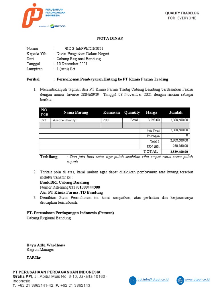 Nota Dinas Pembayaran Hutang Ke PT KFTD Done | PDF