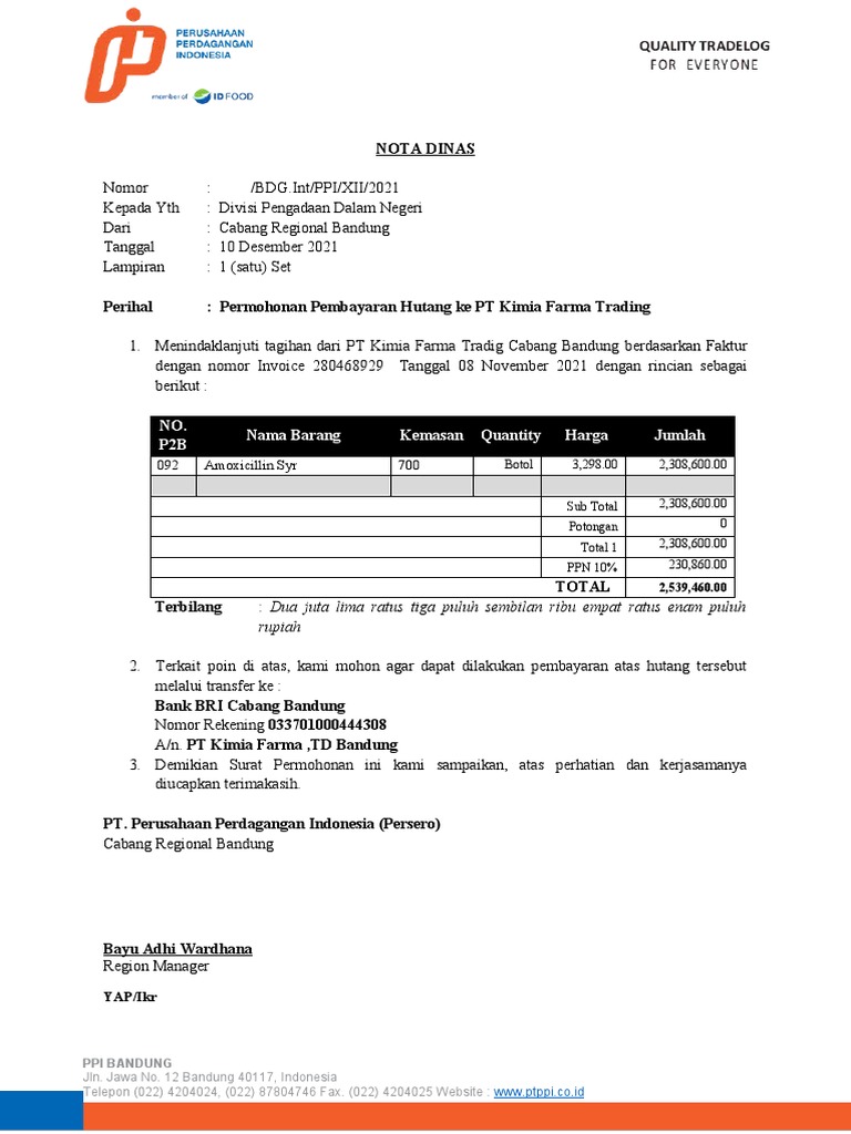 Nota Dinas Pembayaran Hutang Ke PT KFTD | PDF