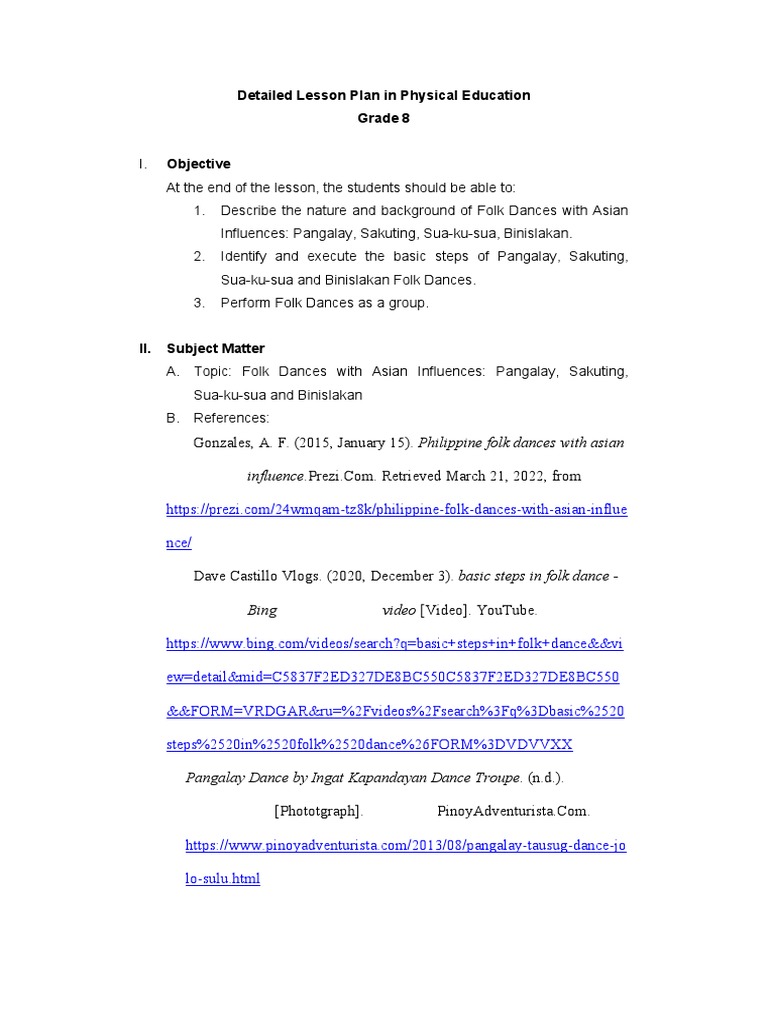 Grade 8 Folk Dance Lesson Plan | PDF | Dances | Performing Arts