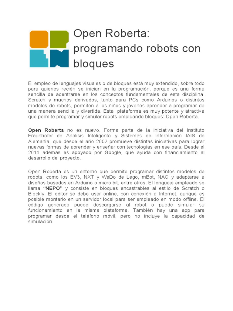Qué Es El Programa Open Roberta Lab | PDF | Scratch (lenguaje de programación) | Robótica