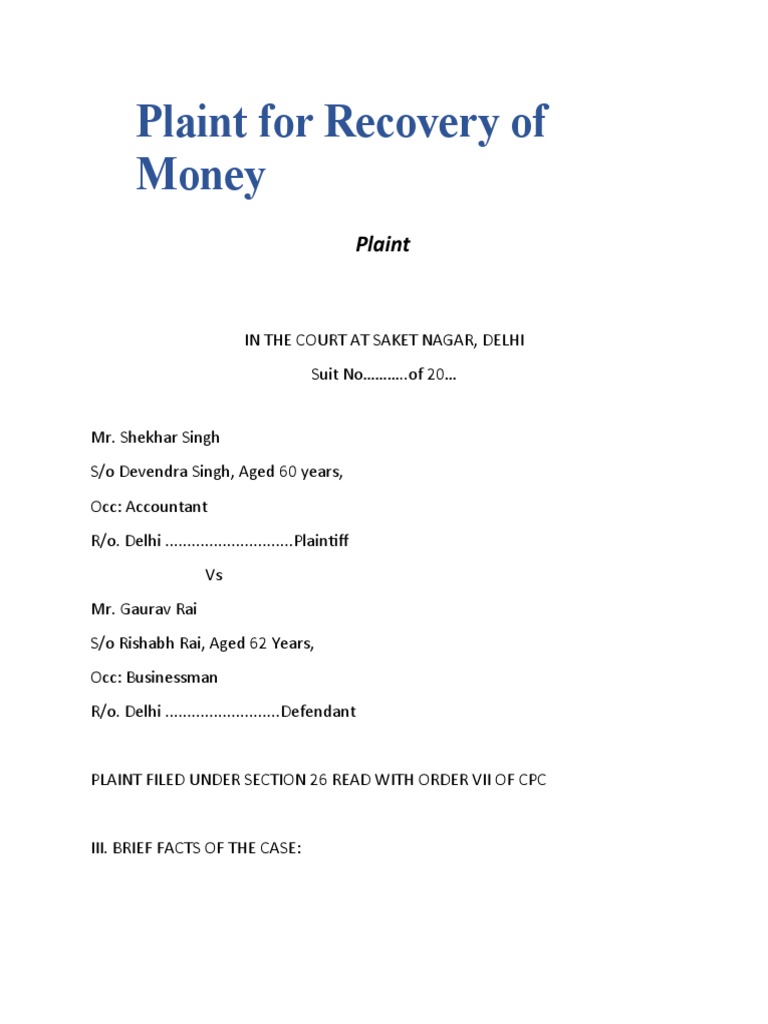 Plaint For Recovery of Money | PDF | Lawsuit | Loans