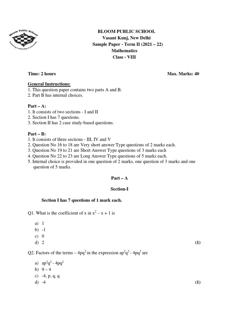 Class 8 Maths Sample Paper | PDF | Area | Mathematics