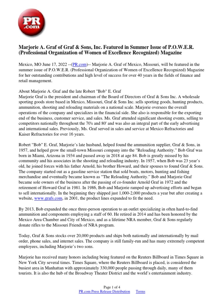 Marjorie A. Graf of Graf & Sons, Inc. Featured in Summer Issue of P.O.W ...